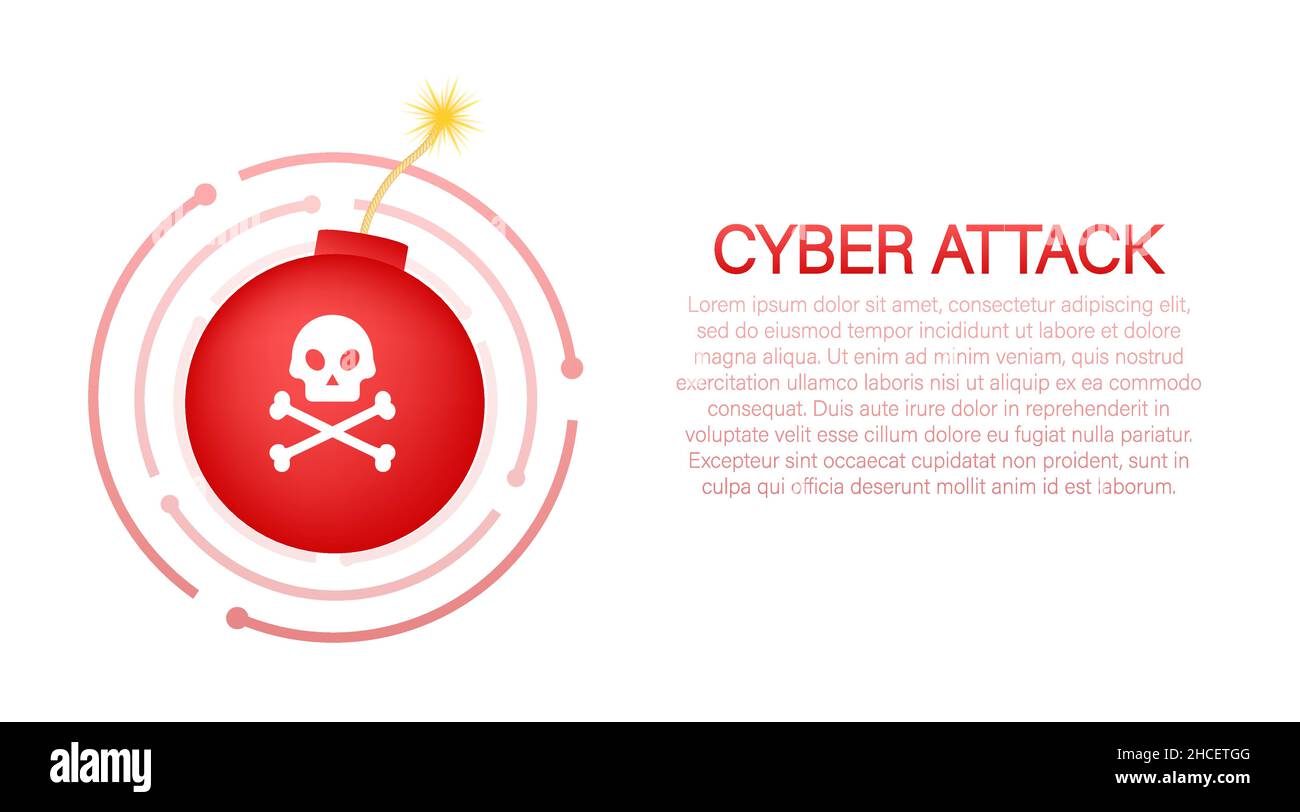 Flat illustration. Shield icon. Abstract icon with red cyber attack ...