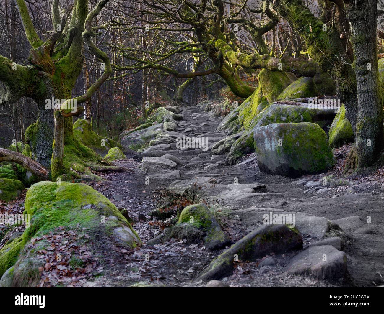 Fairytale rock footpath near Padley gorge, Peak District National Park ...