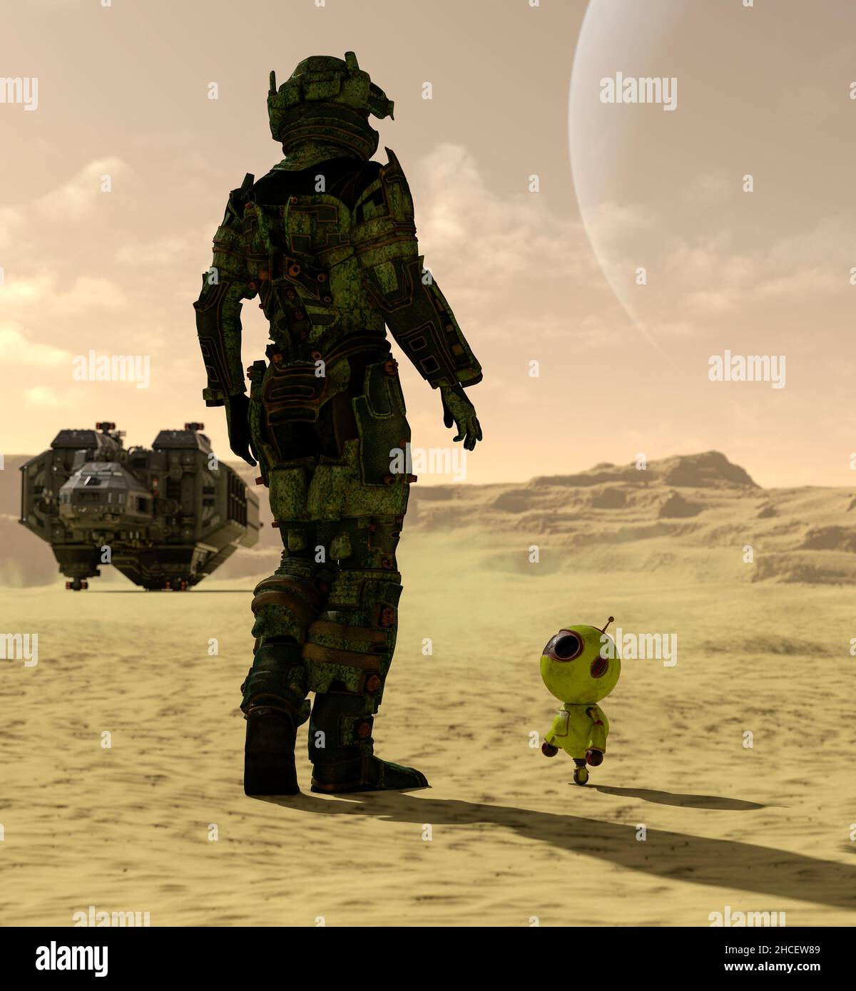 Space traveler with a small robot exploring a new planet - 3d rendering ...