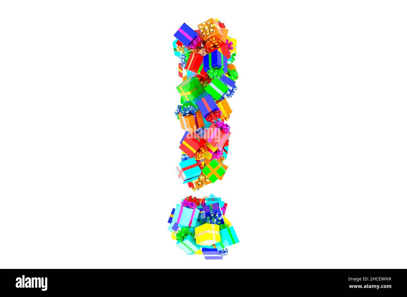 Exclamation marks from colored gift boxes, 3D rendering isolated on ...
