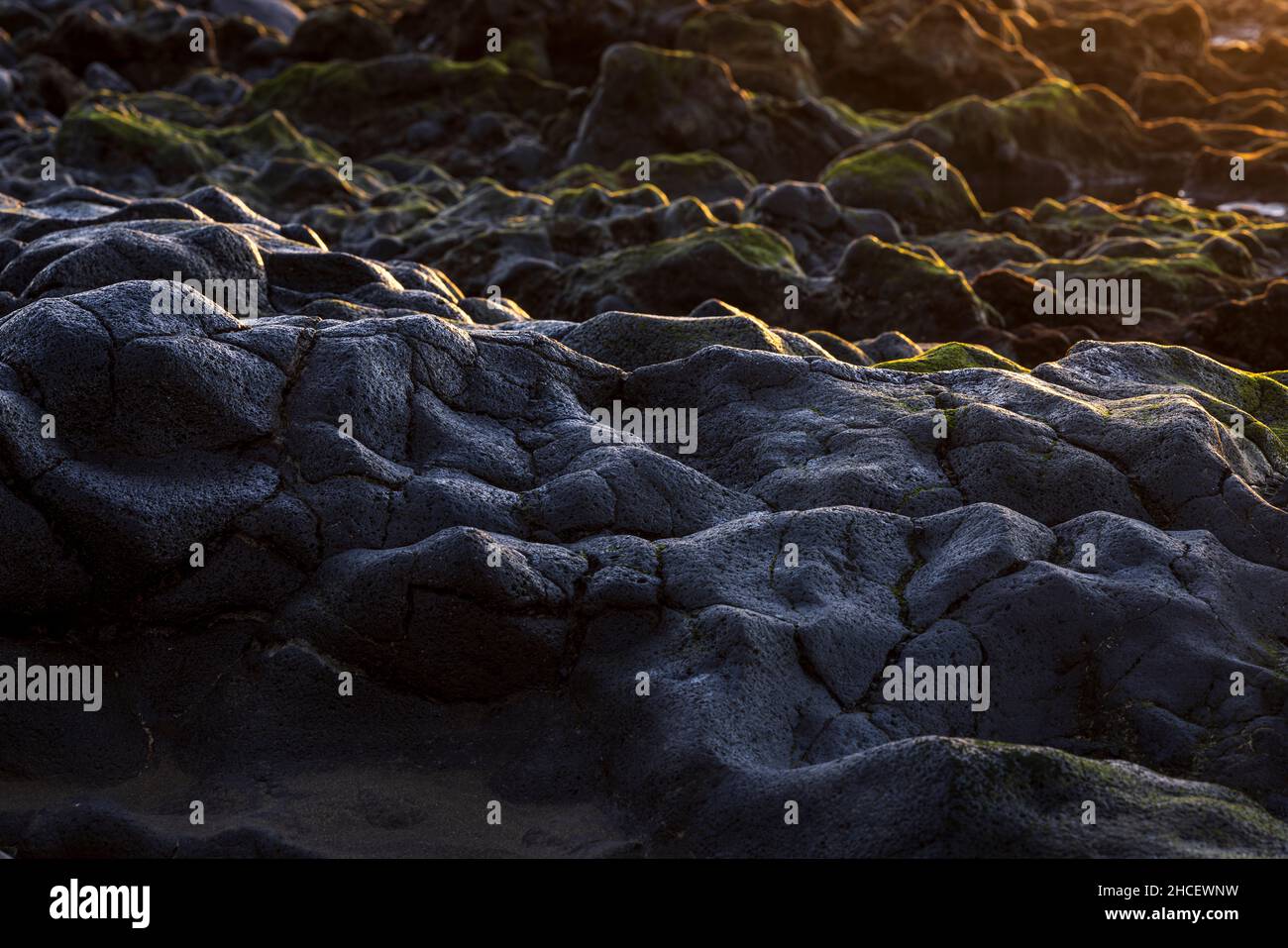 Solidified lava rock worn smooth by the erosion of the sea at Playa La ...