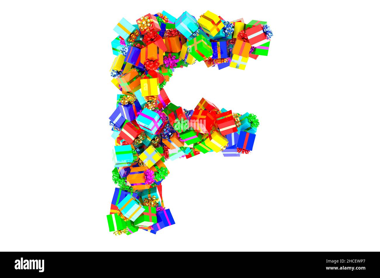 Letter F from colored gift boxes, 3D rendering isolated on white ...