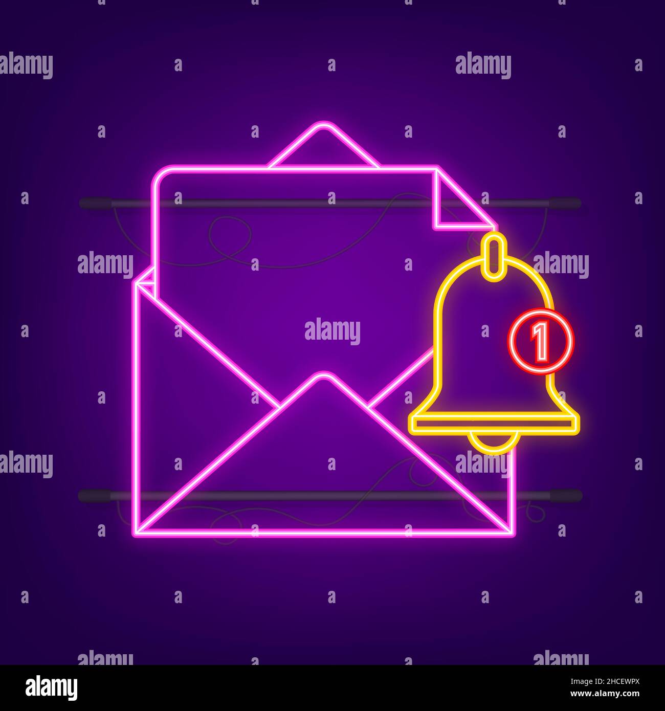 Notification bell and envelope icon for incoming inbox message. Neon ...