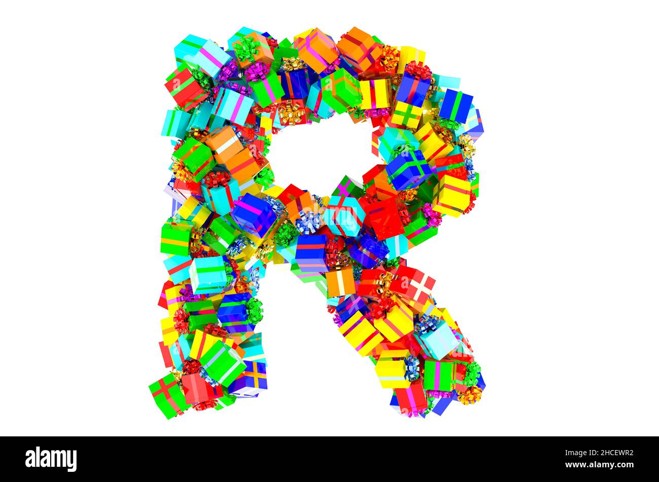 Letter R from colored gift boxes, 3D rendering isolated on white ...