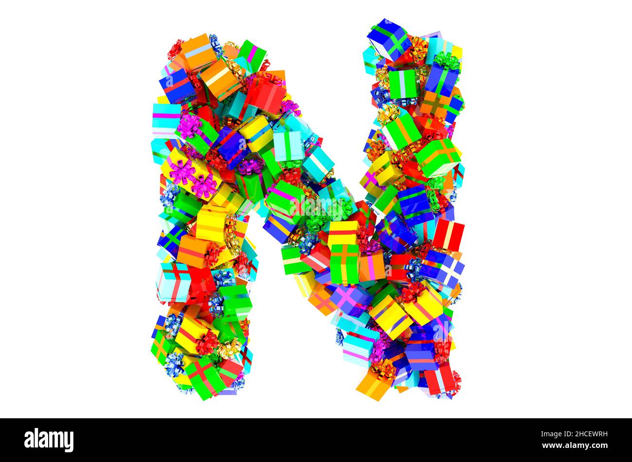 Letter N from colored gift boxes, 3D rendering isolated on white ...