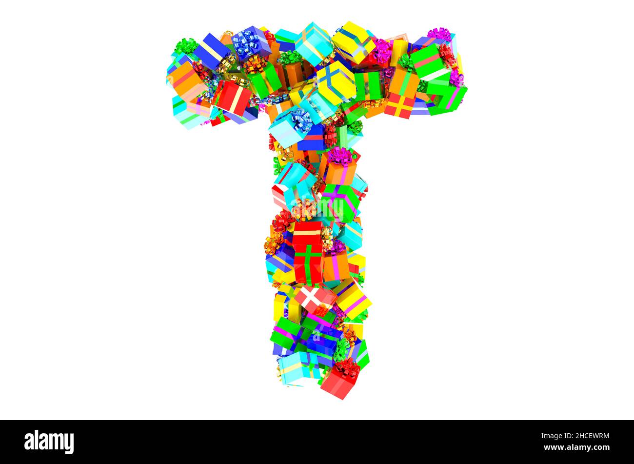 Letter T from colored gift boxes, 3D rendering isolated on white ...