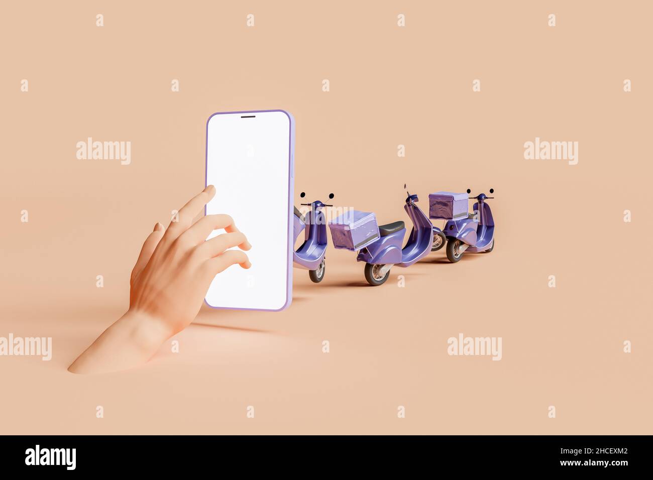 hand touching the screen of a mobile phone with delivery scooters ...