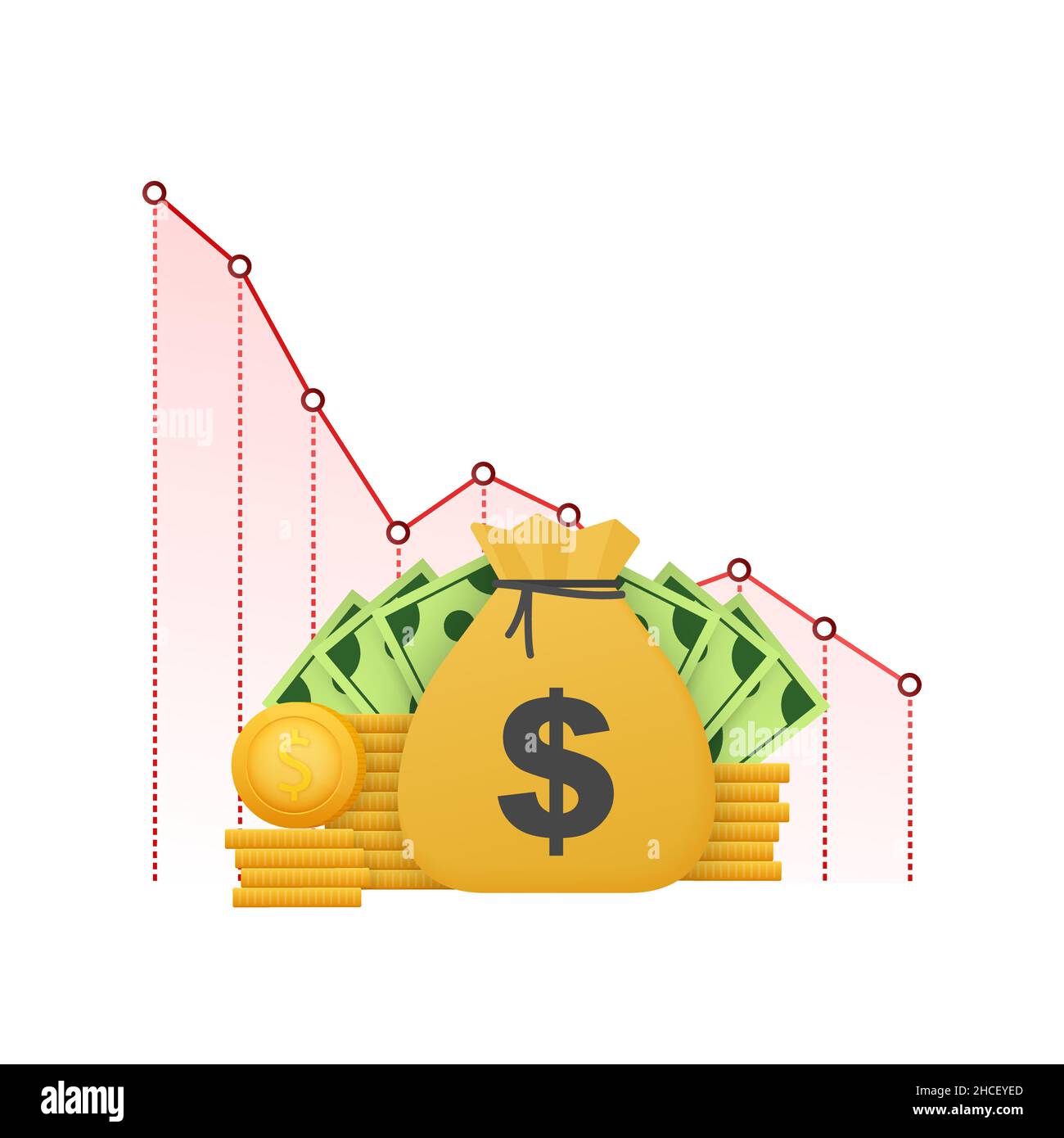 Money loss. Cash with down arrow stocks graph, concept of financial ...