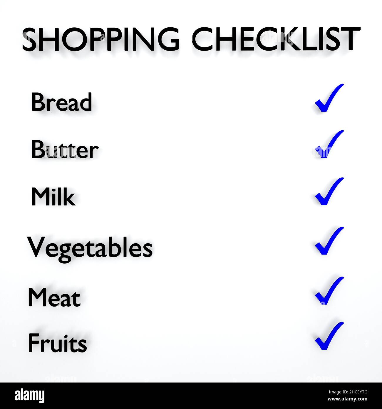 3D illustration of the headline SHOPPING CHECKLIST followed by a ...