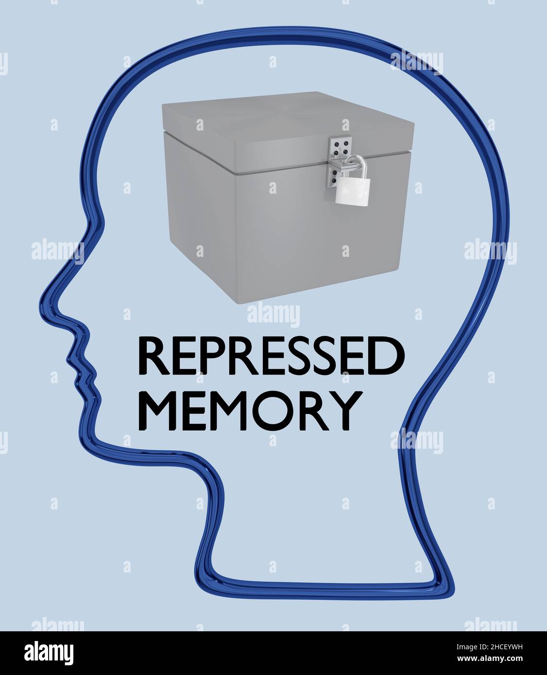 3D illustration of REPRESSED MEMORY script in a head silhouette with a ...