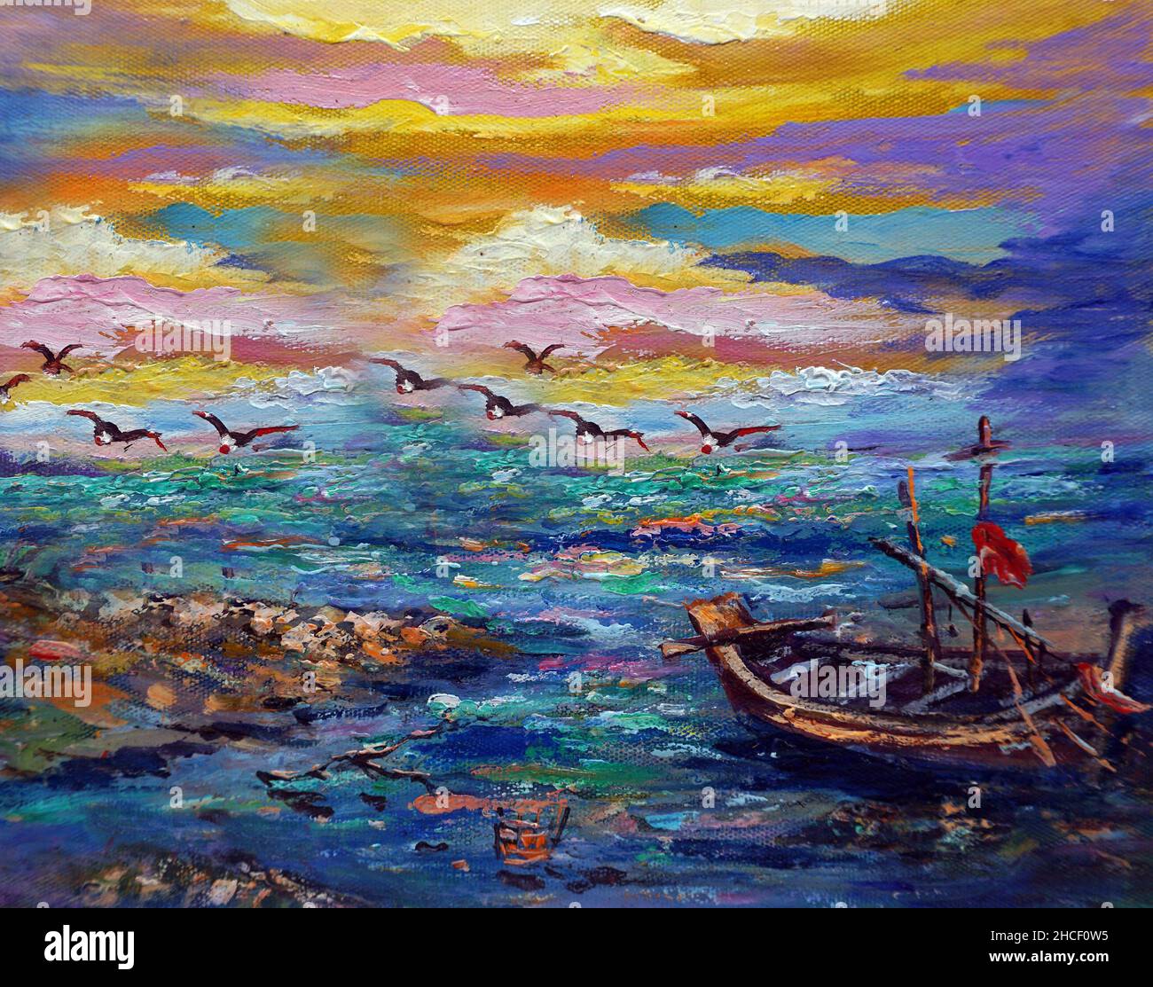 Art painting Hand drawn Oil color Colorful seaside sea Wave birds sky ...