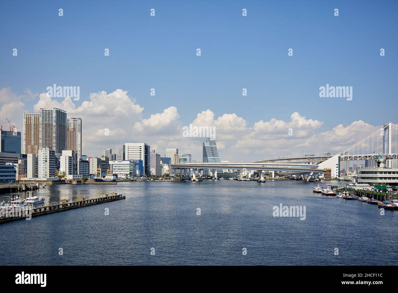 Tokyo Harbour and part of Rainbow Bridge, view from bridge in Minato ...
