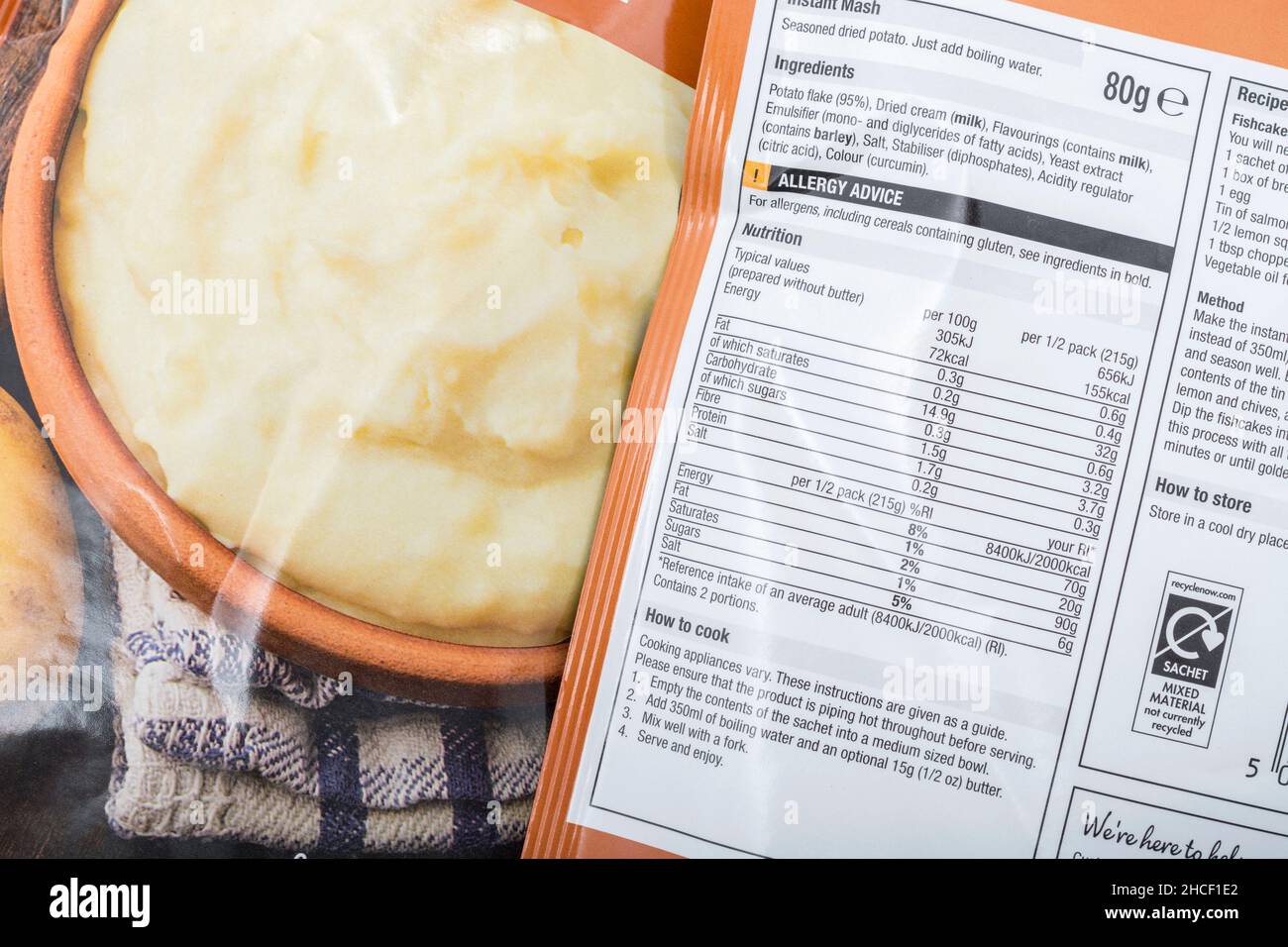 Packet of Morrison's supermarket own-label dried potato mash. For own ...