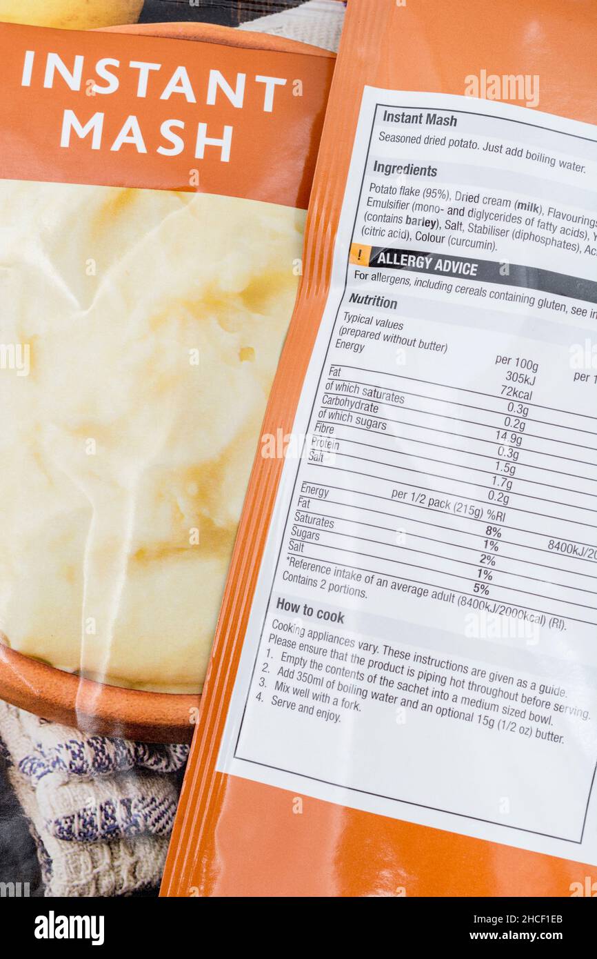 Packet of Morrison's supermarket own-label dried potato mash. For own ...