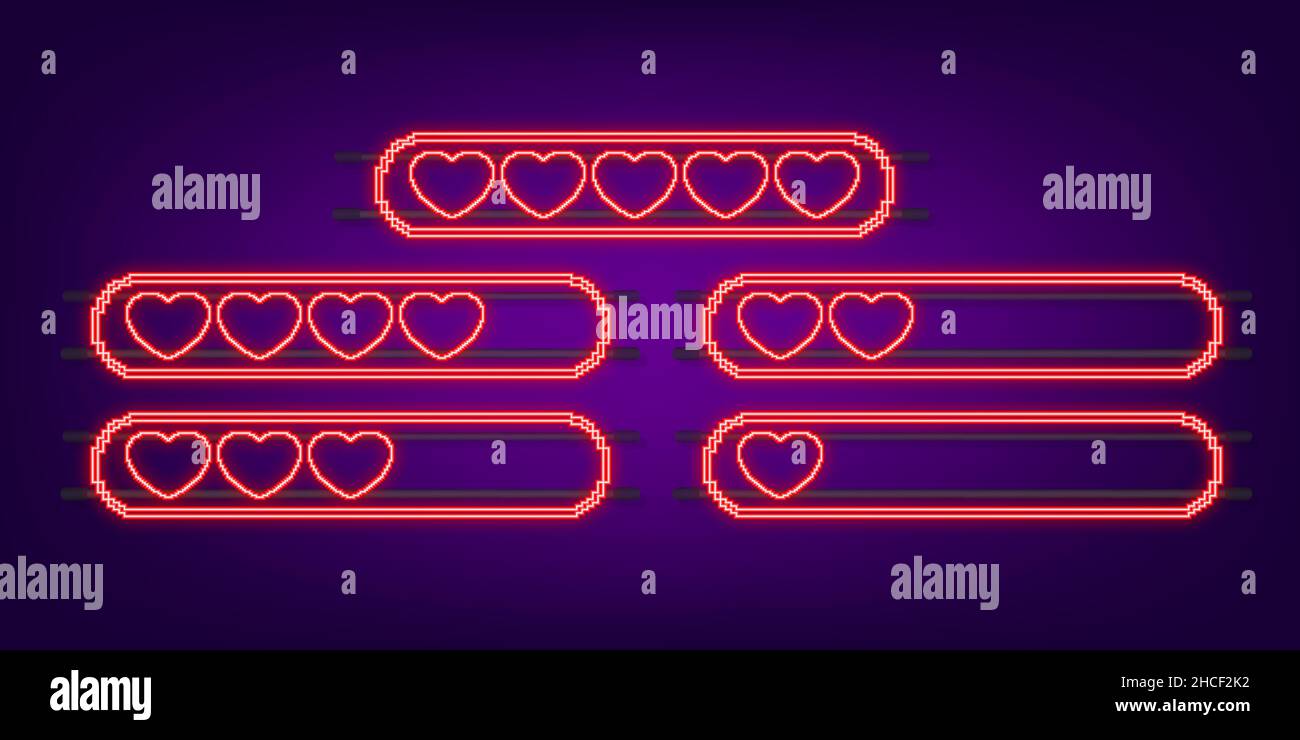 Pixel game life bar. Neon. Vintage vector set. Vector background. Heart ...