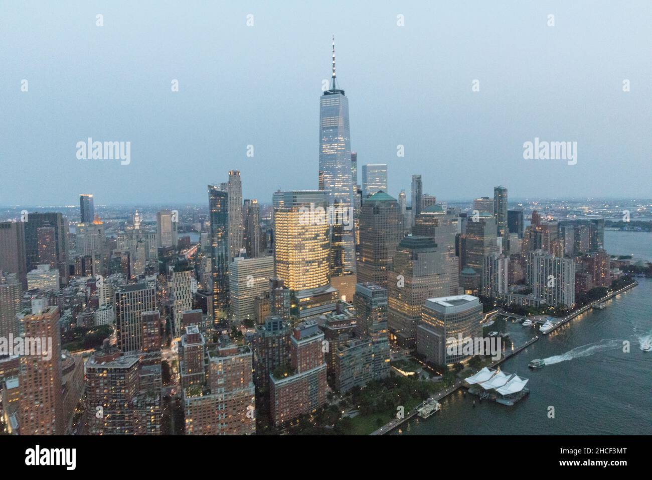 New York City, USA Aerial View of Downtown Manhattan at dusk Stock ...
