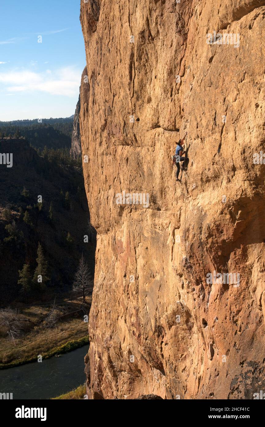 single female rock climbing at Smith Rock State Park, Oregon Stock ...
