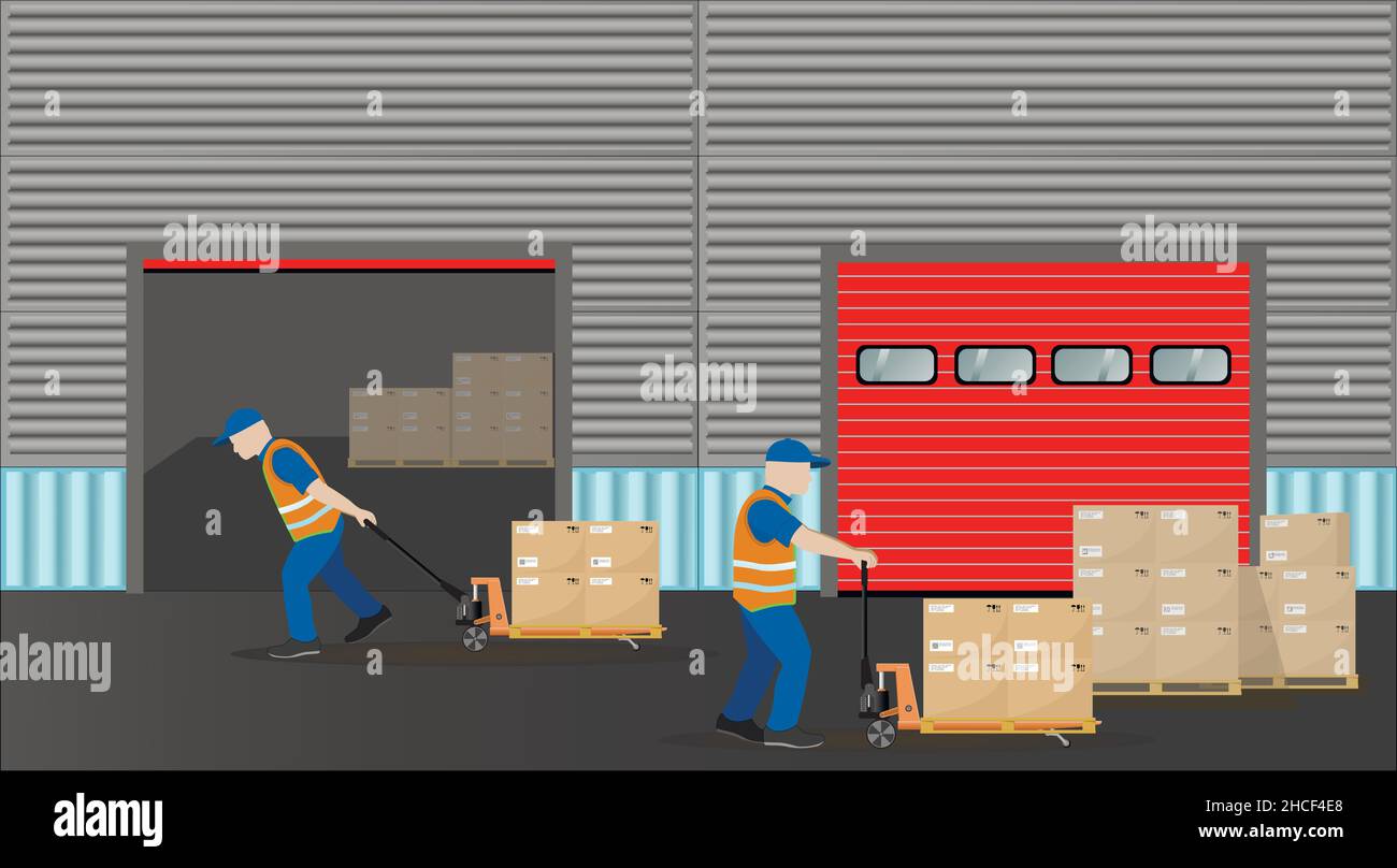 The work of the warehouse logistics complex. Loaders move pallets with ...