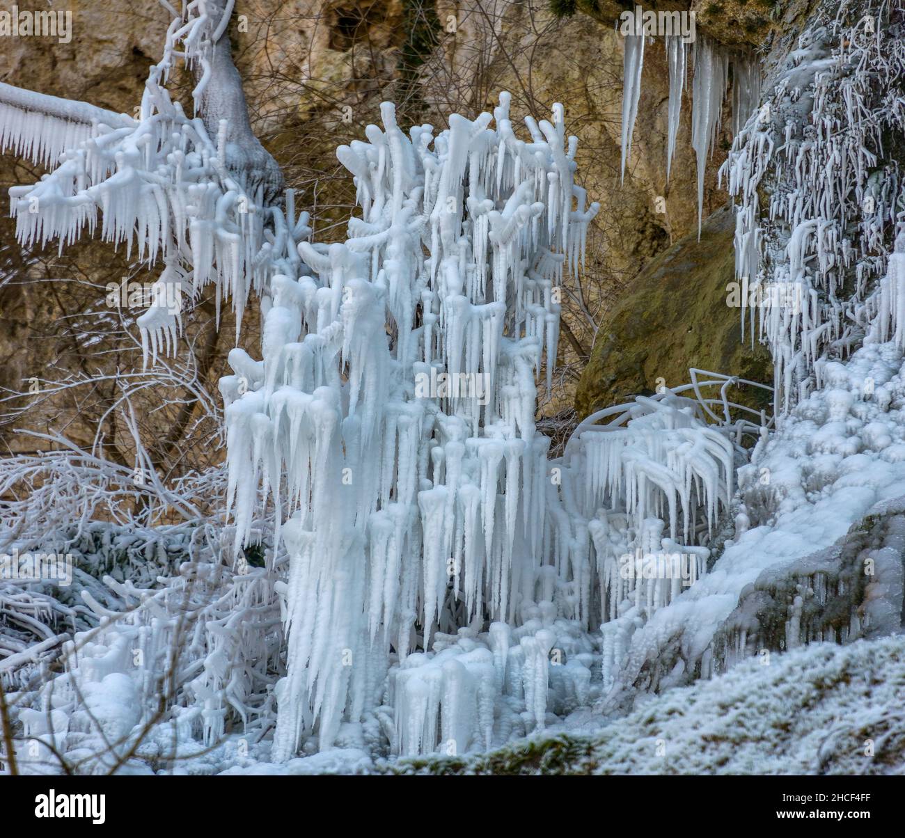 frozen tree with icicles at the waterfall Stock Photo - Alamy