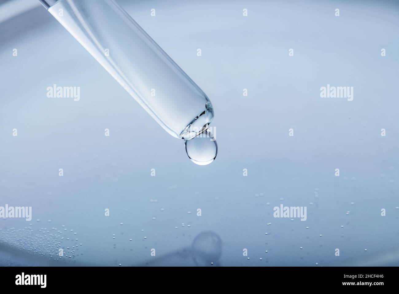 Medicine concept. Pipette dropping drop transparent liquid in container ...