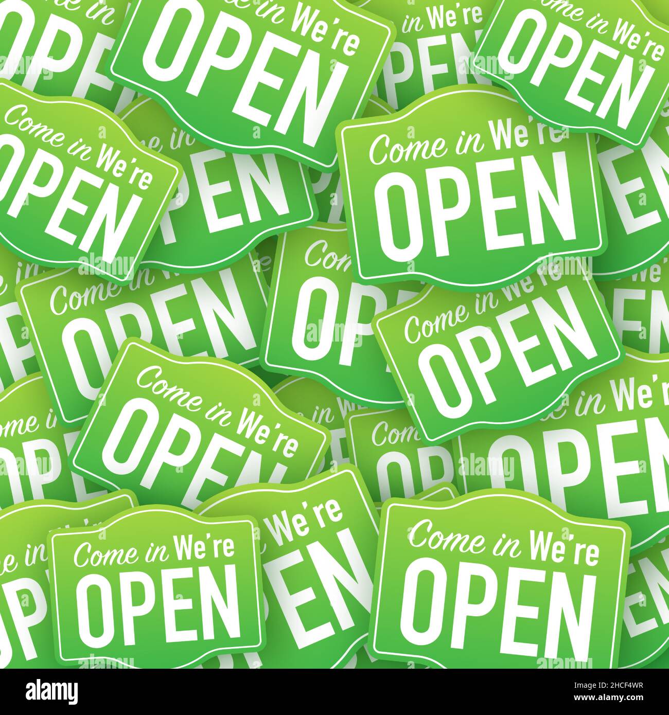 Come in we're open hanging sign sticker pattern. Sign for door. Vector ...