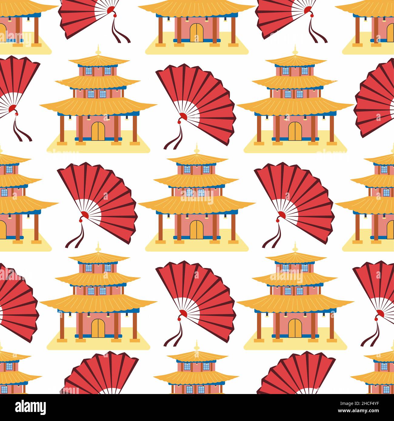 Cartoon chinese house seamless pattern. Chinese symbols of the coin ...