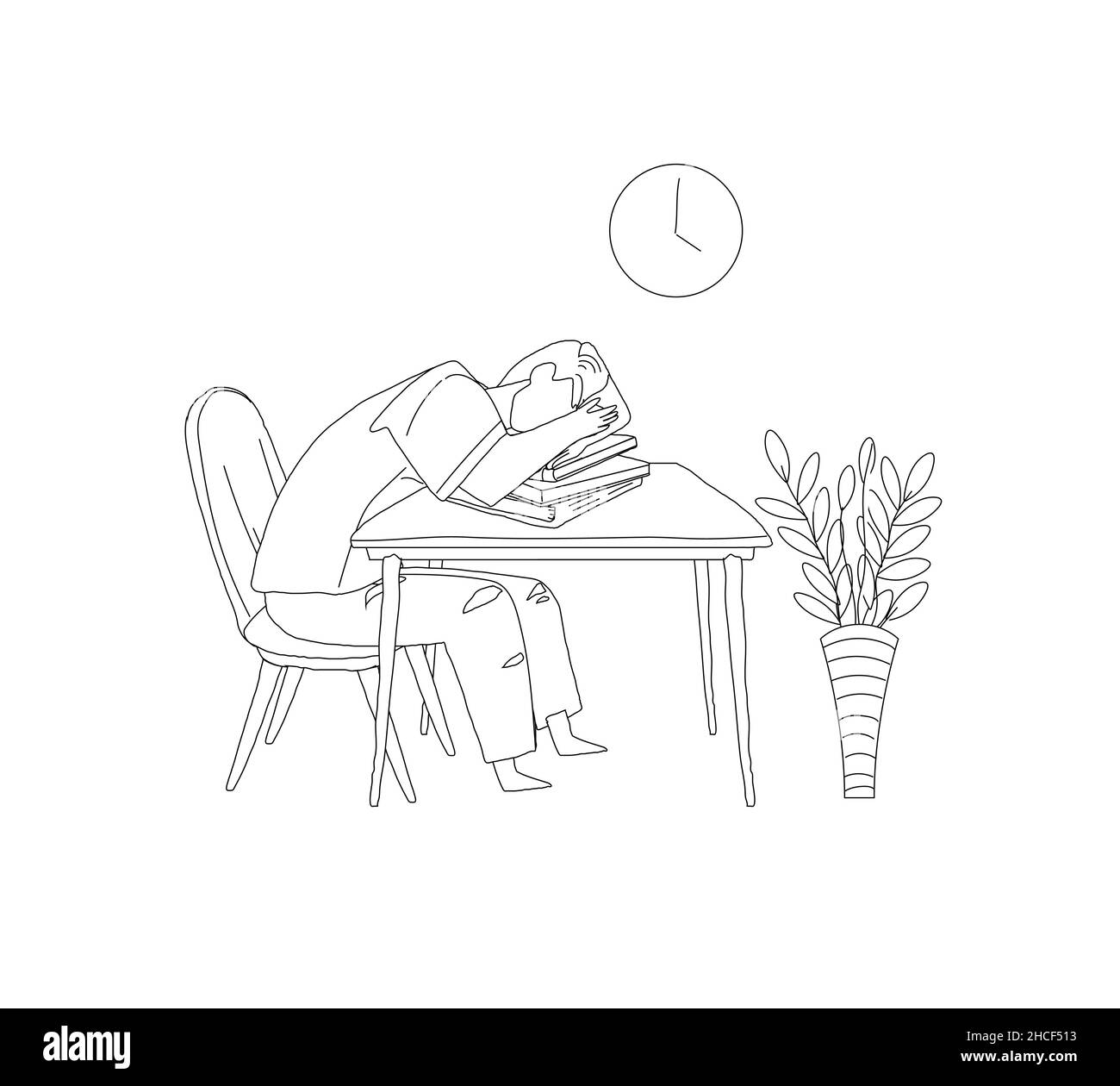 Tired overworked man sleeping on table outline vector Stock Vector ...