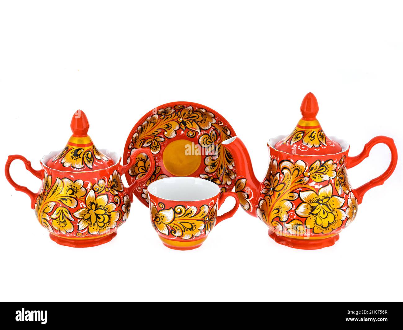 Tea Set of Old Traditional Russian folk utensils. Dishes with handmade ...