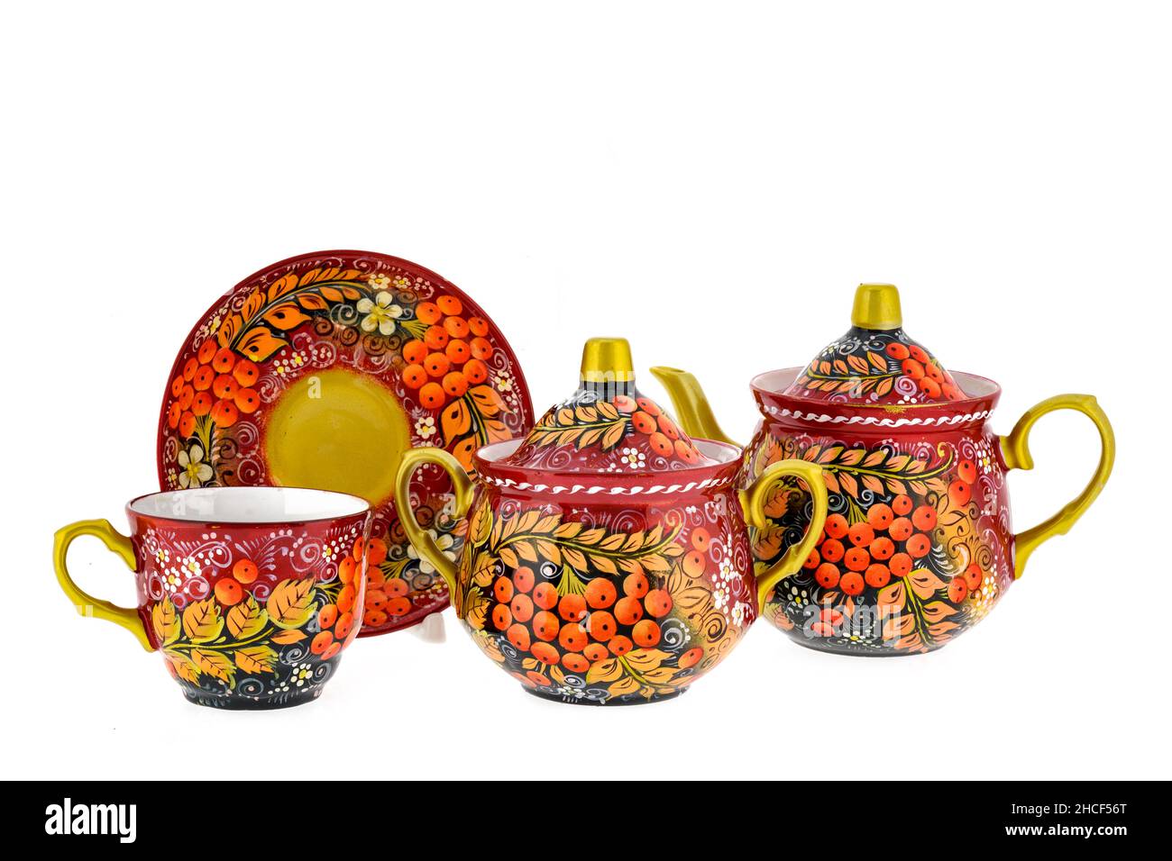Tea Set of Old Traditional Russian folk utensils. Dishes with handmade ...