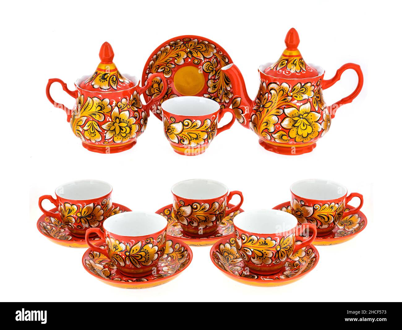 Tea Set of Old Traditional Russian folk utensils. Dishes with handmade ...
