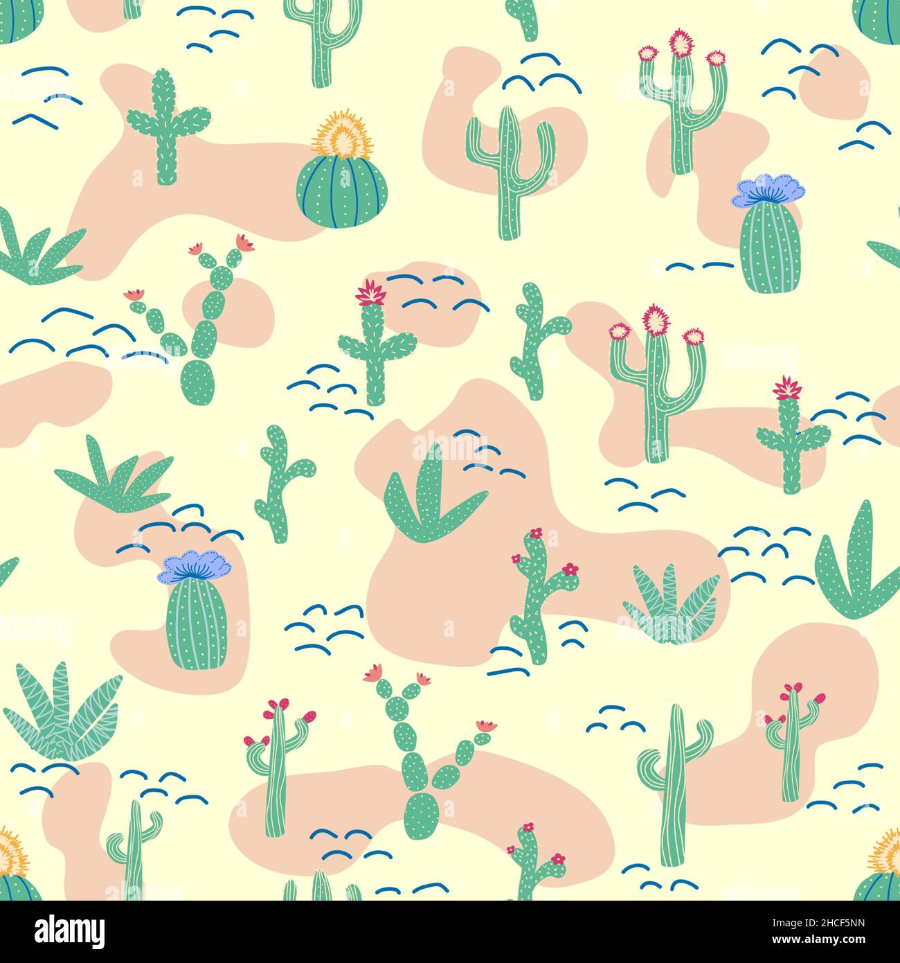 seamless pattern with different cactus. Bright repeated texture with green cacti. Natural hand ...