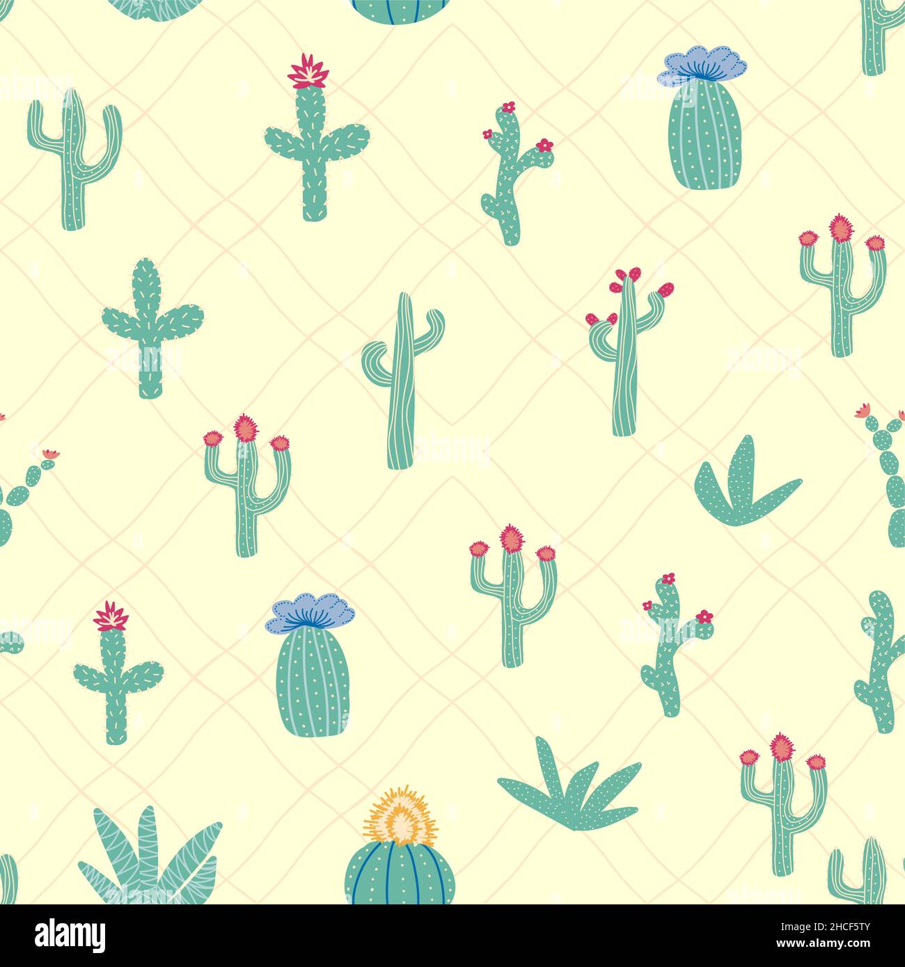 seamless pattern with different cactus. Bright repeated texture with green cacti. Natural hand ...