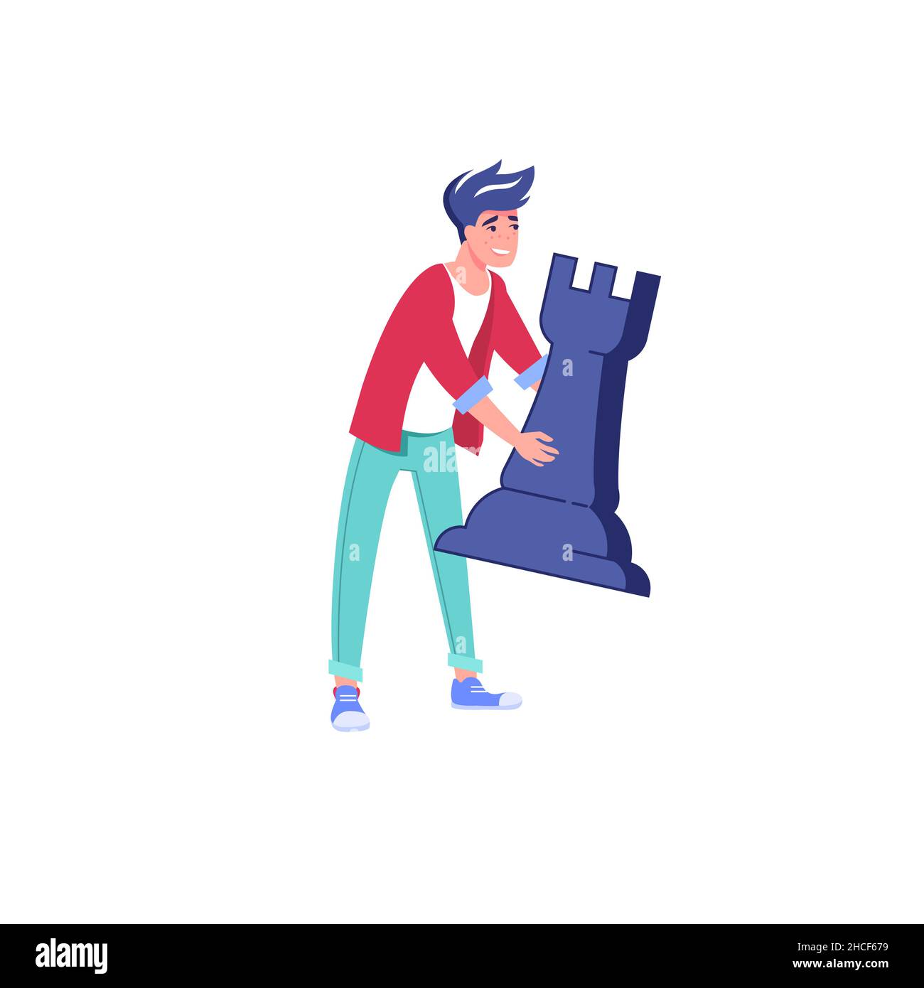 Flat cartoon man character holds chess figure,strategic planning and ...