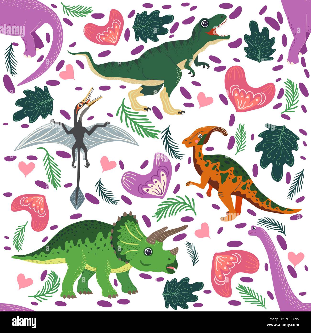 Hand drawn seamless pattern with dinosaurs and tropical leaves and ...