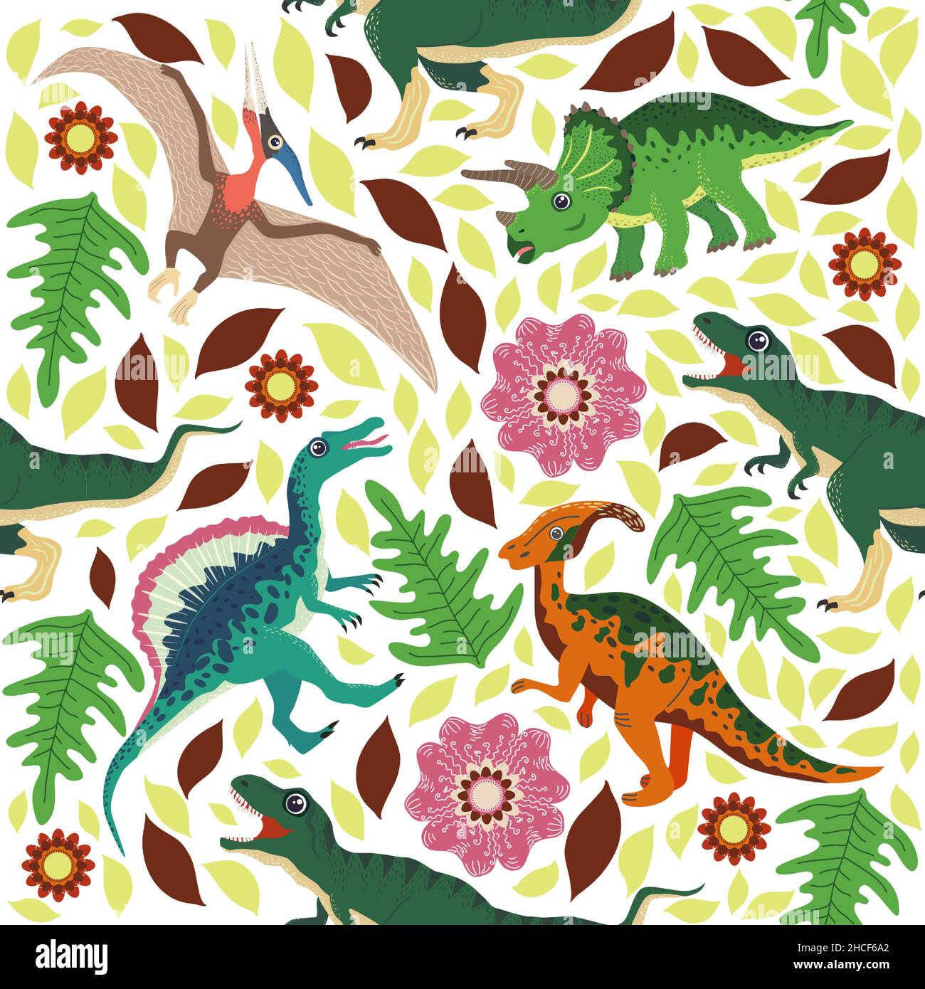 Hand drawn seamless pattern with dinosaurs and tropical leaves and ...
