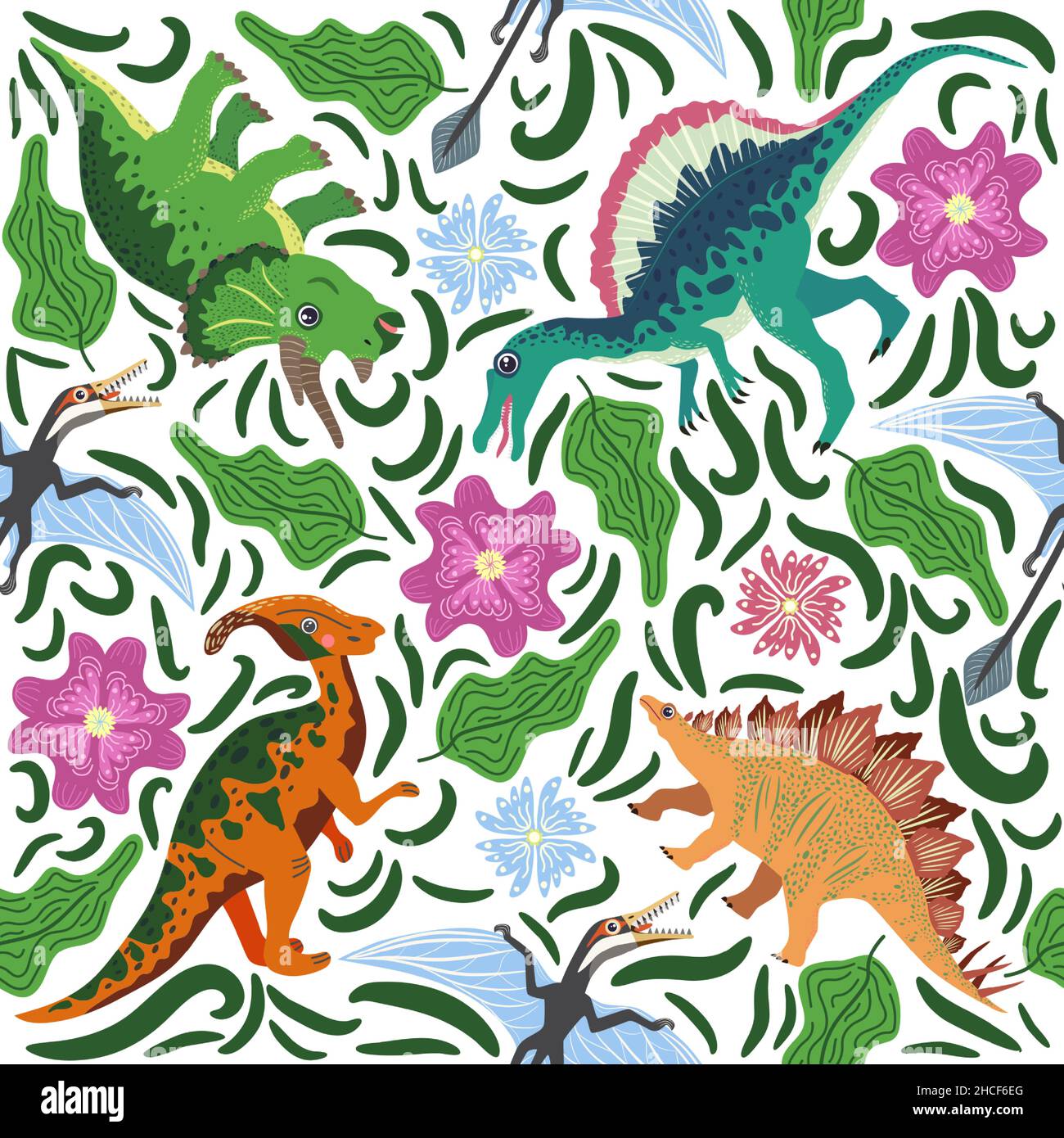 Hand drawn seamless pattern with dinosaurs and tropical leaves and ...