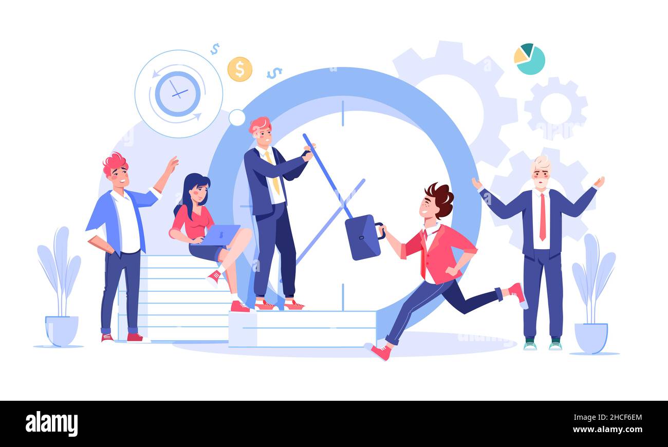 People working over huge clock vector illustration Stock Vector Image ...