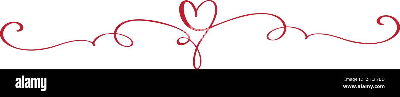 Red Flourish vintage Vector divider Valentines Day Hand Drawn Black Calligraphic Heart ...