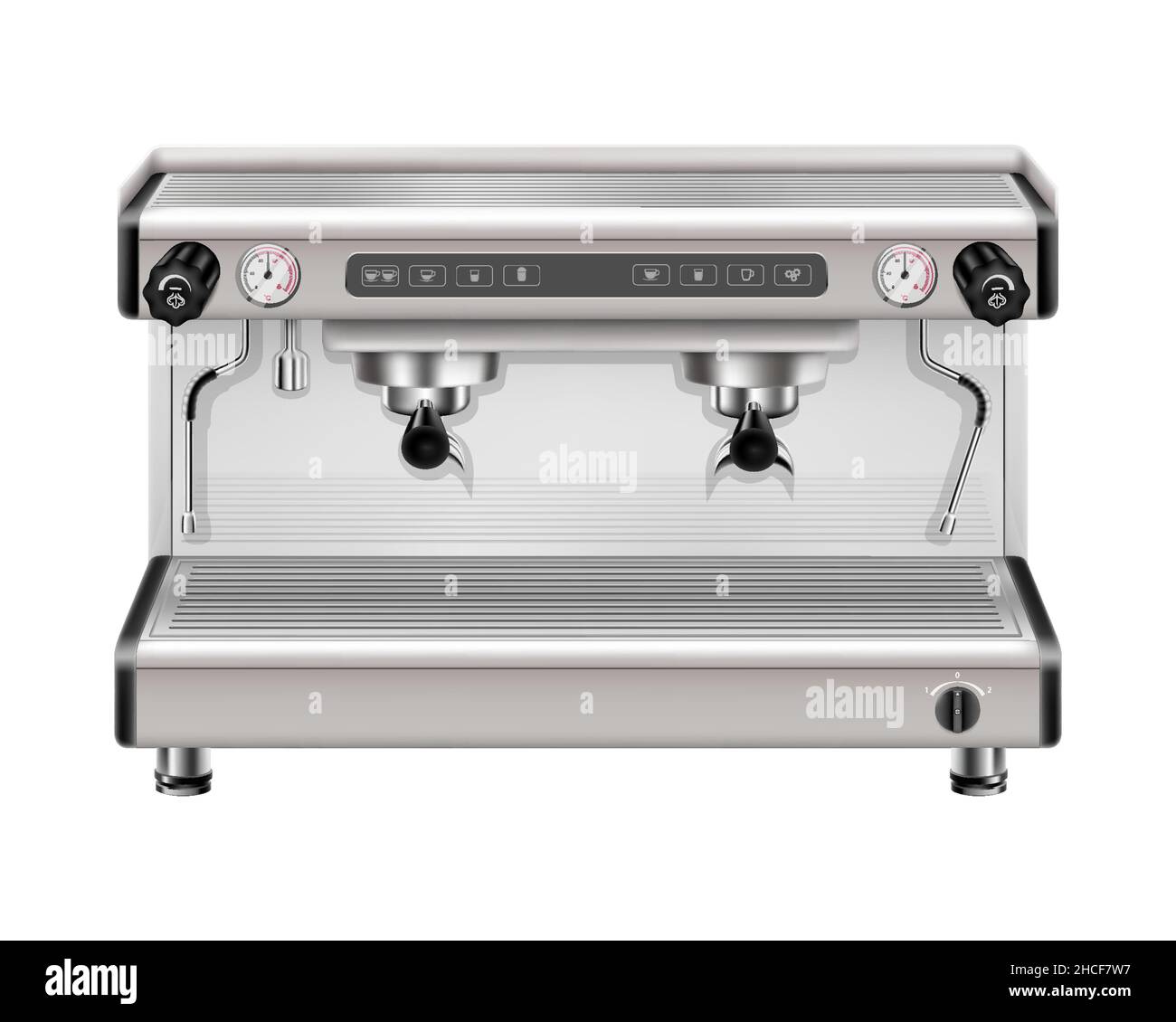 Modern metal professional coffee machine on two cups front view ...