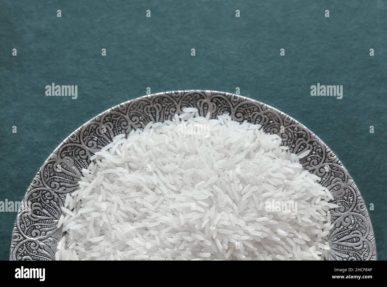 Close up picture of basmati rice on a silver plate, selective focus ...