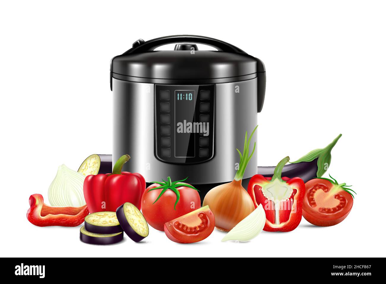 Multi Cooker and bunch of fresh vegetables , realistic 3d vector ...
