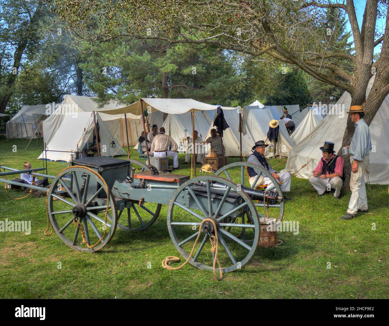 Closeup of an old carriage in 1812 Re-Enactment camp with settlers and ...