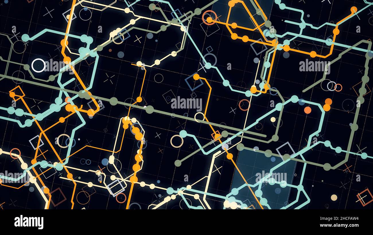 Abstract futuristic electronic circuit board with electrical signals flowing in electrical ...