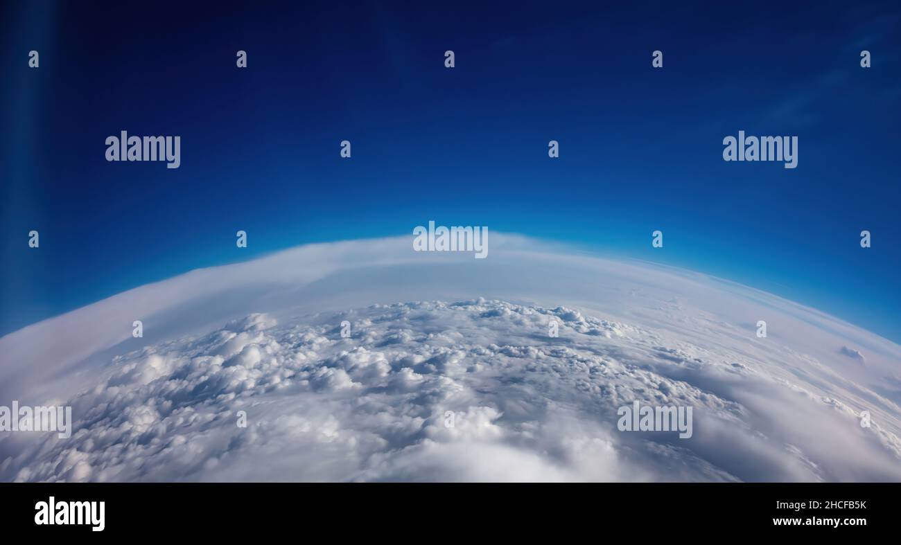 Aerial view. Blue sky over heavy cloudscape. Space, science and weather ...