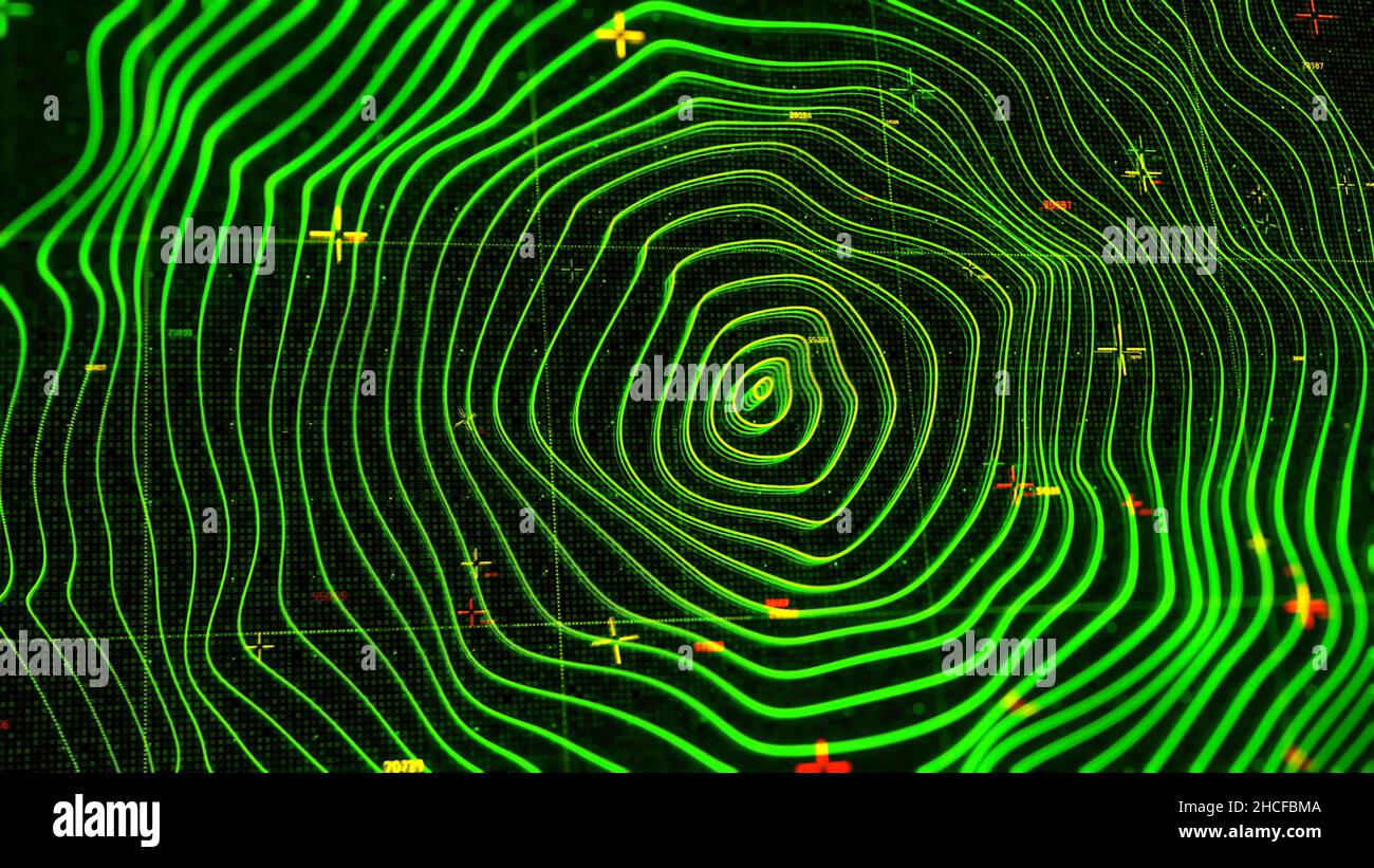 Concentric green rings moving on the black screen background. Abstract ...