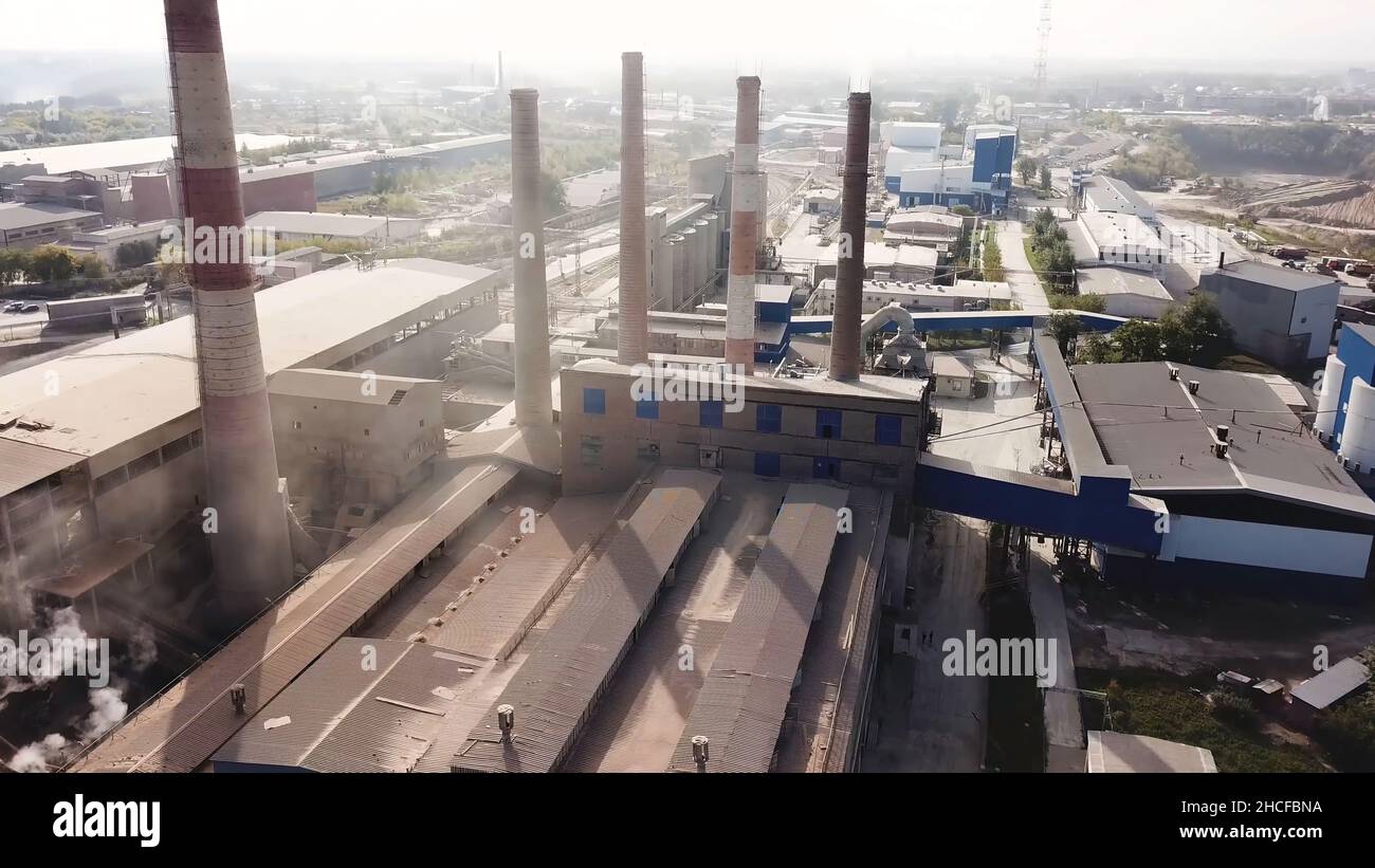 Aerial view of metallurgical production plant. Flying over the factory ...