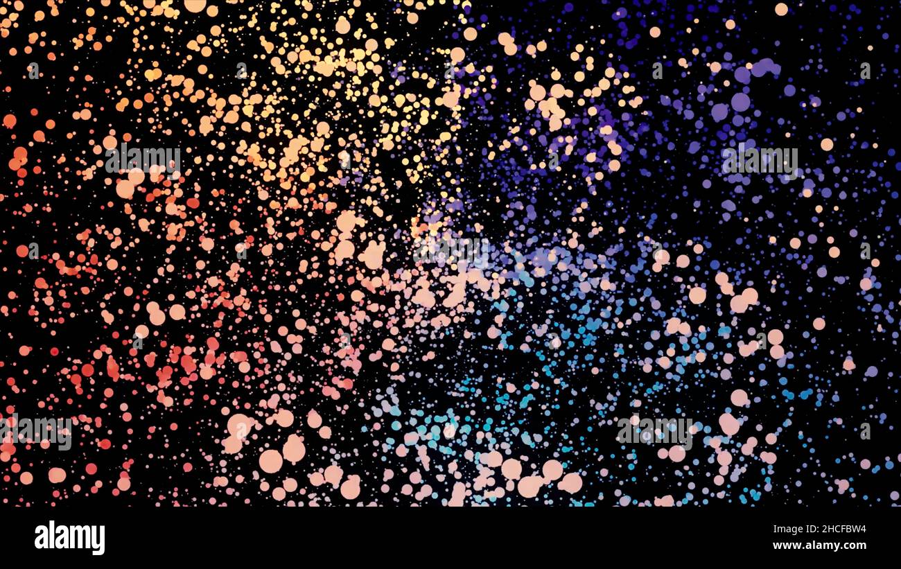 Many blue, yellow, red, lilac rotating particles in space on black ...