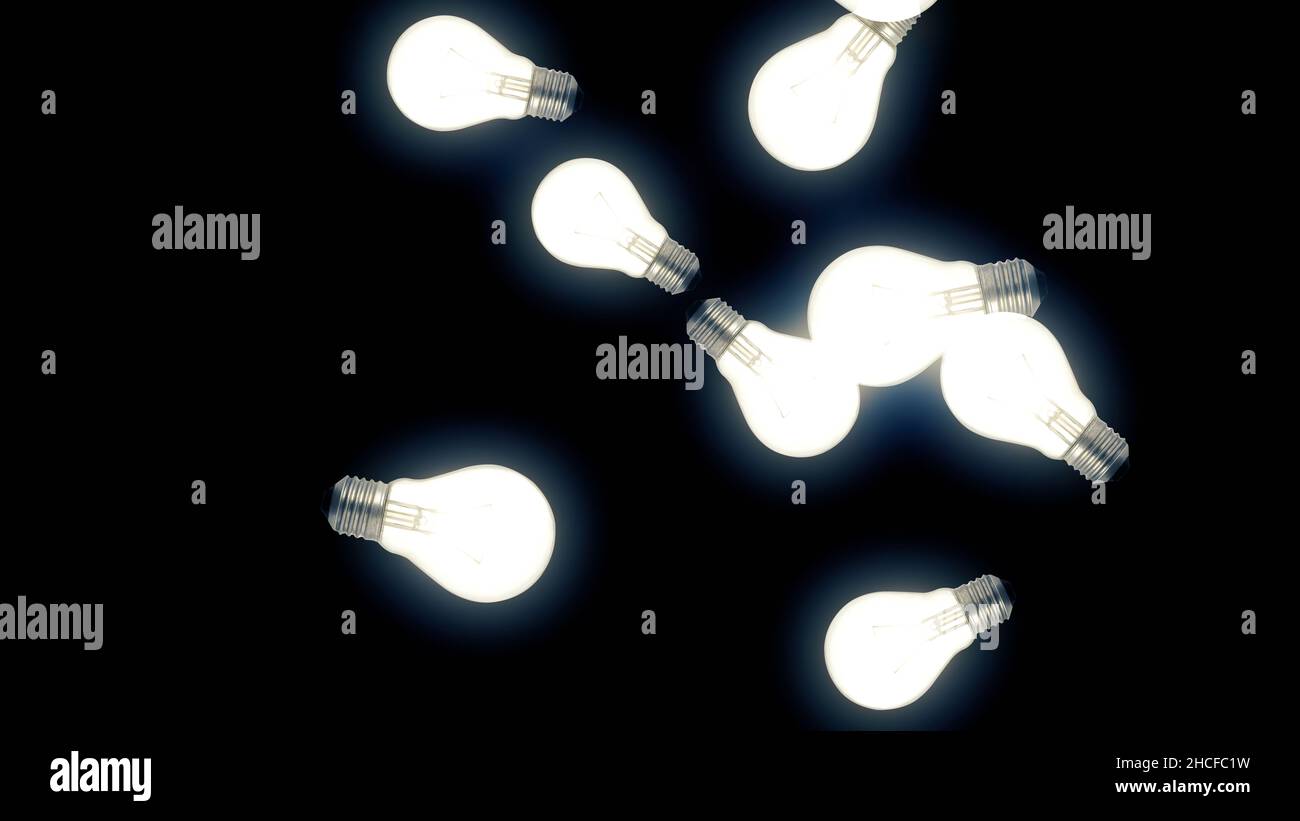 Animation of 3d flying lamps on black background. Abstract CGI motion ...