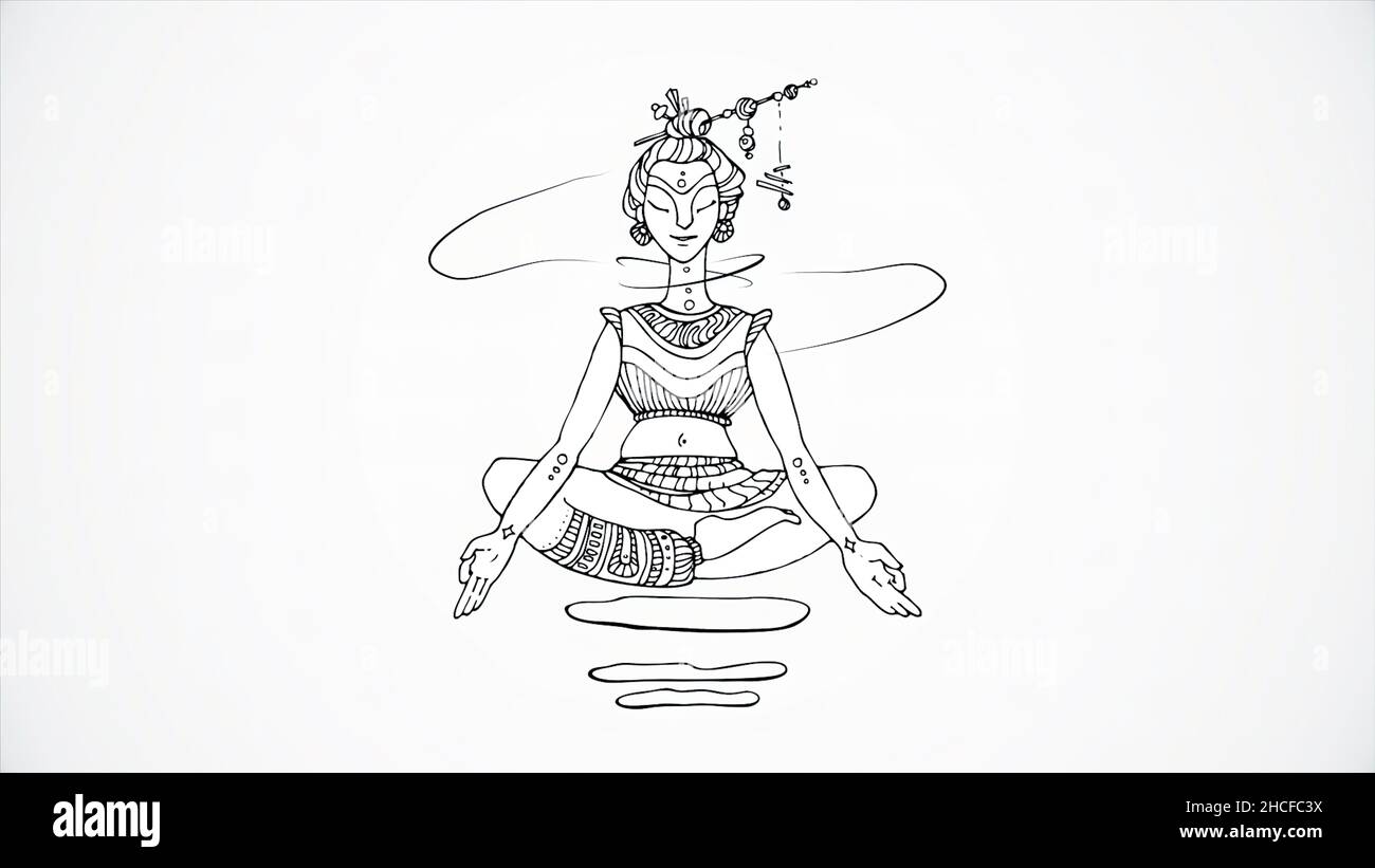 Abstract, sporty, young yogi in lotus position, flying in the air ...