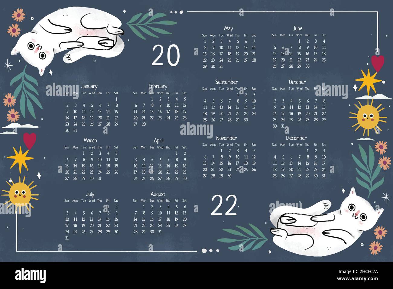 hand drawn 2022 calendar template abstract design vector illustration ...